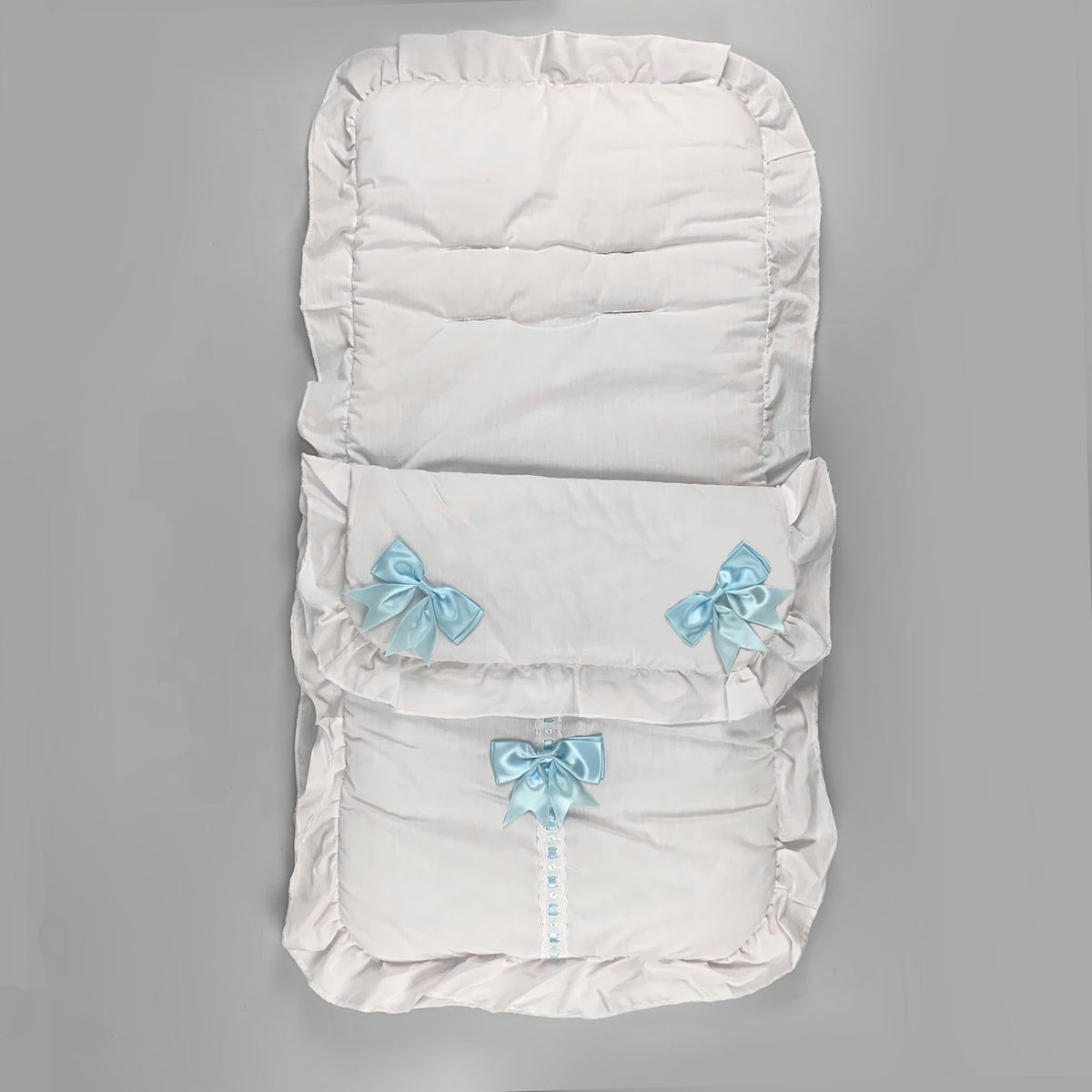 White Cosy Toes / Footmuff - With Blue Bows – Lullaby Lane Baby Shop