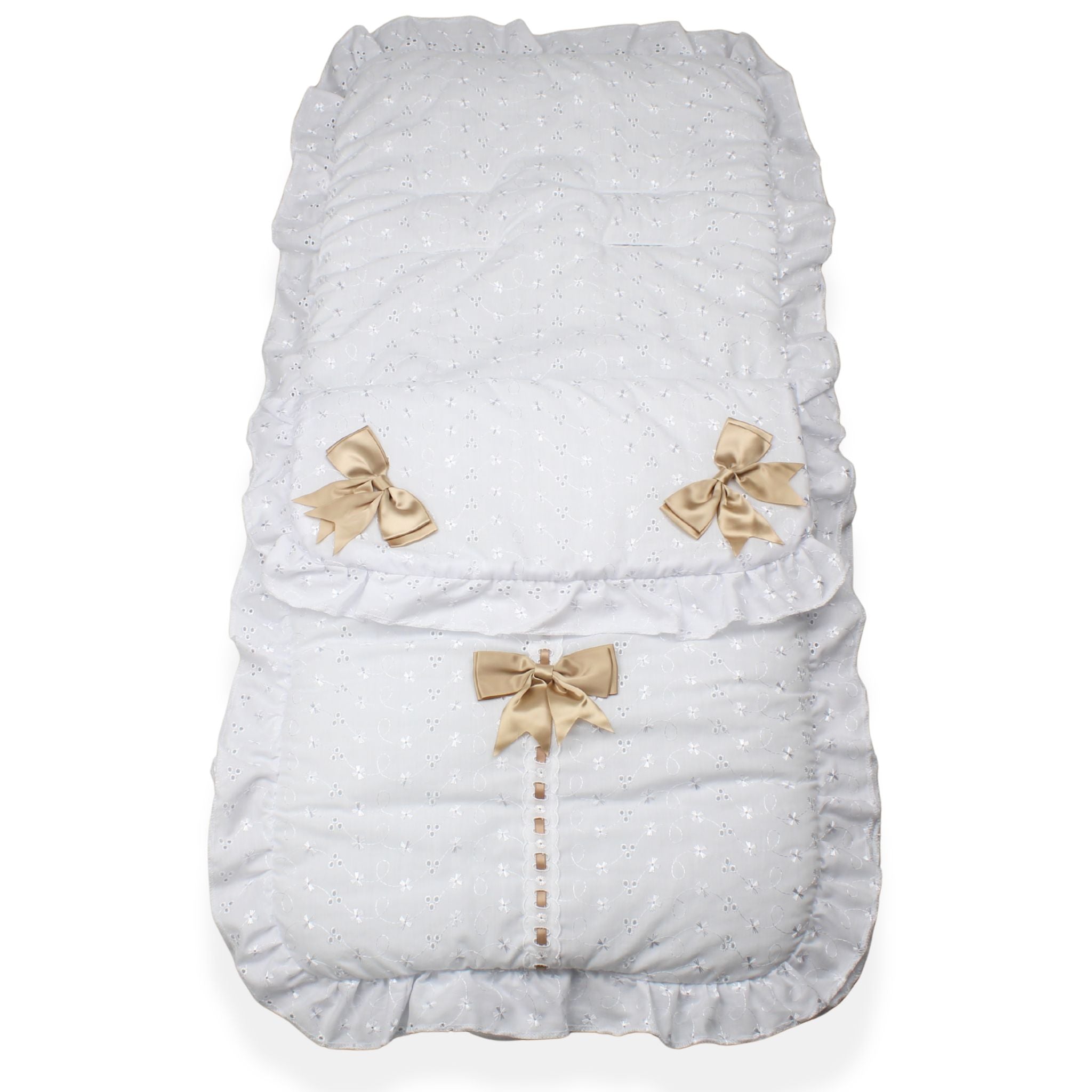White Baby Pram Footmuff with Beige Bows | Cosy Pushchair Footmuff ...