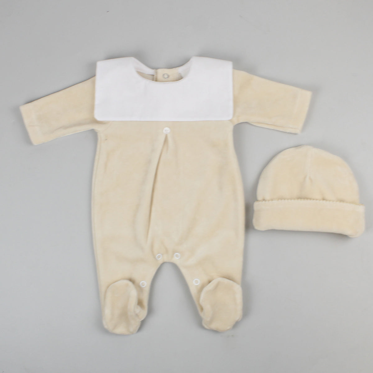 Luxurious Baby Velour Sleepsuit with Hat in Beige – Lullaby Lane Baby Shop