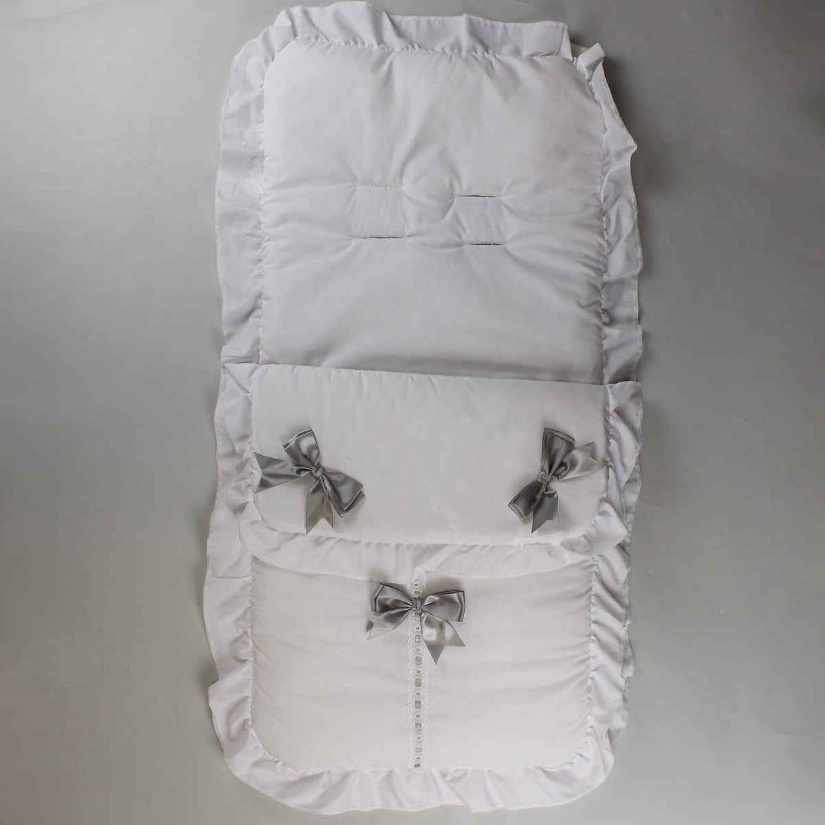 White Cosy Toes / Footmuff - With Grey Bows – Lullaby Lane Baby Shop