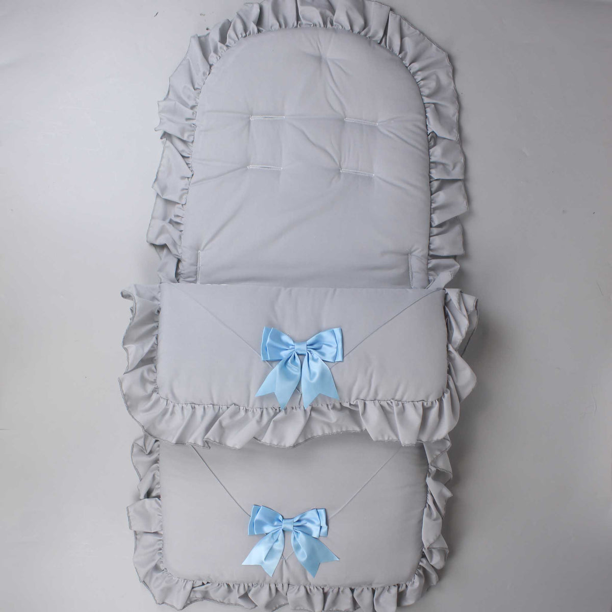 Footmuff/ Cosy Toes - Grey with Blue Satin Bows – Lullaby Lane Baby Shop