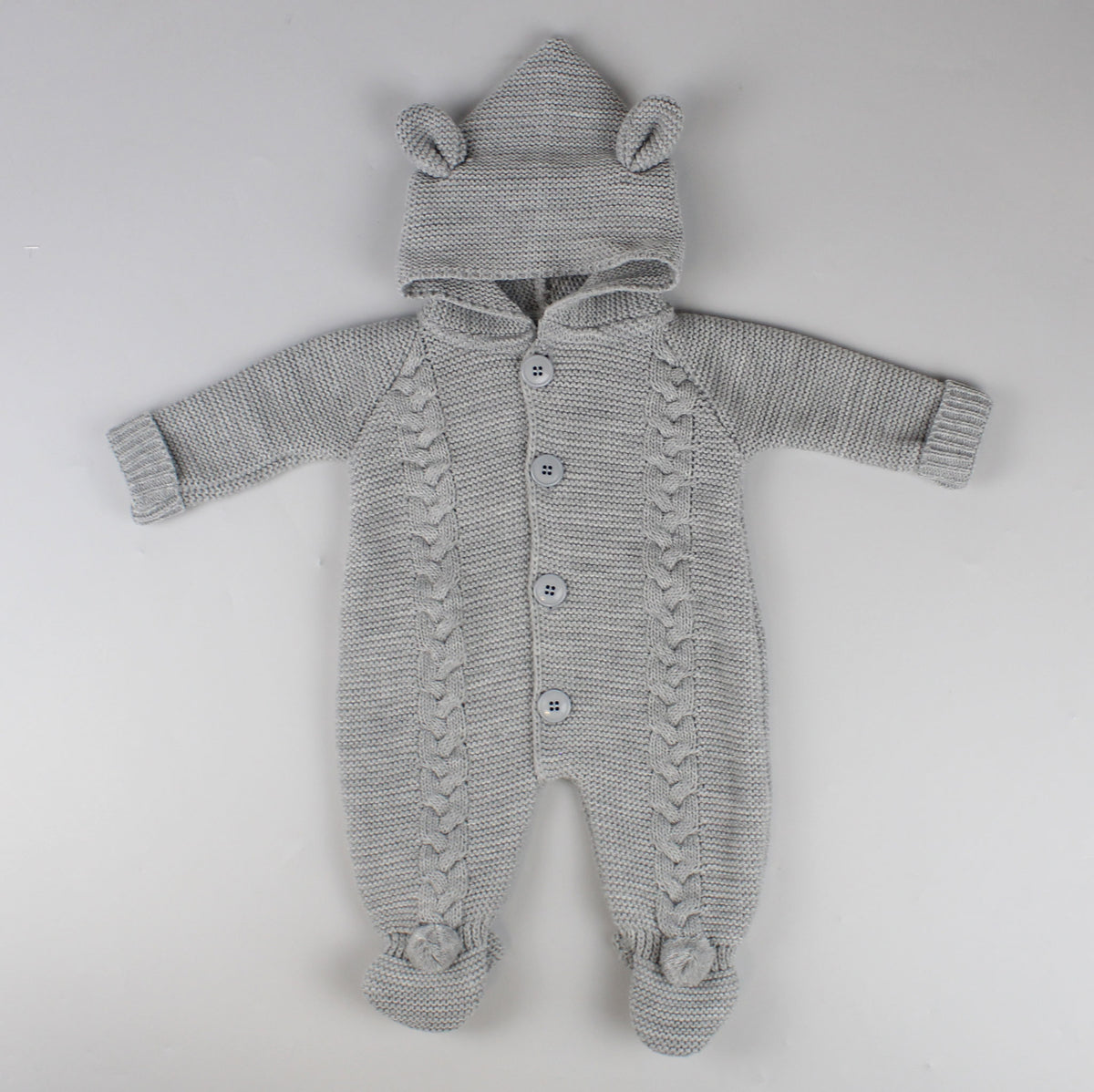 Stay Warm and Stylish with our Grey Knitted Baby All-In-One Pramsuit ...